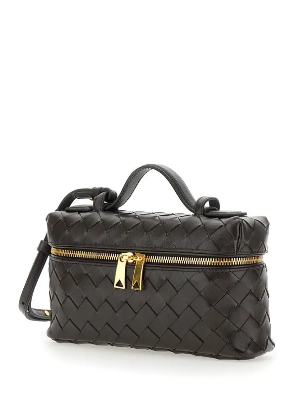 Bottega Veneta Vanity Case With Removable Shoulder Strap And Intreccio Motif In Leather - Brown