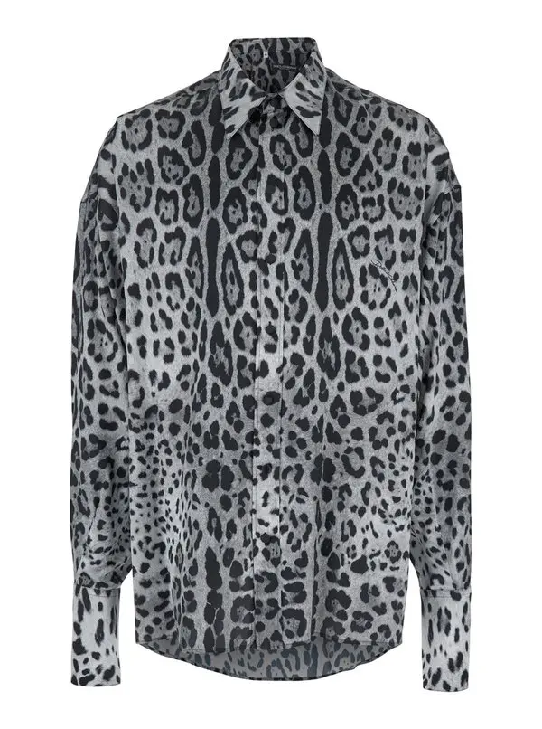Dolce & Gabbana Grey Shirt With Leopard Print All-over And Logo Lettering In Silk - Multicolor