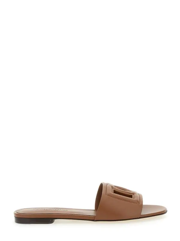 Dolce & Gabbana Leather Cut Out Logo Slide Sandals - Brown