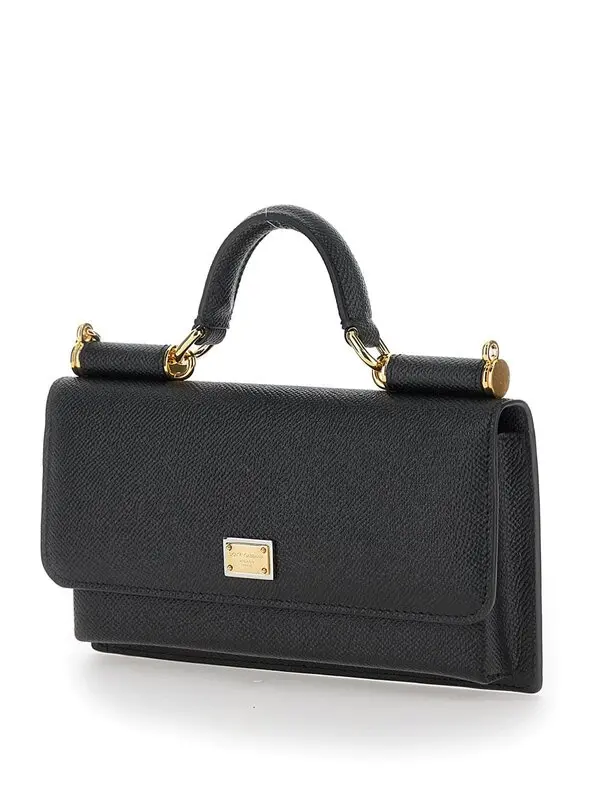 Dolce & Gabbana Grained Leather Crossbody Bag With Logo Plate - Black