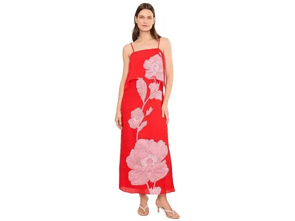 Vince Camuto Four Tier Overlay Midi Dress With Floral Print - Red