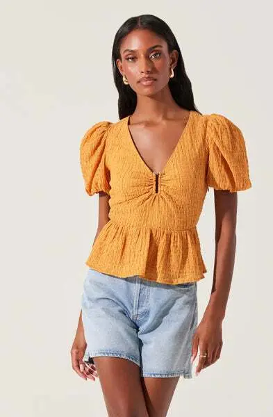 Astr The Label Mylah Puff Sleeve Peplum Top - Mustard