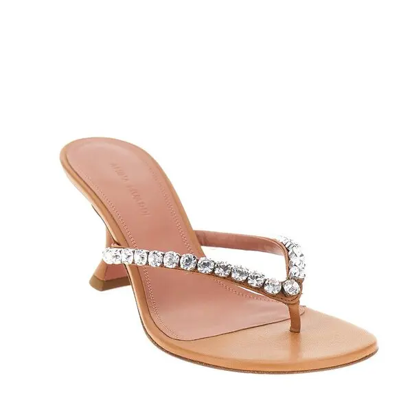 Amina Muaddi Gigi Embellished Nappa Leather Heeled Thongs - Beige