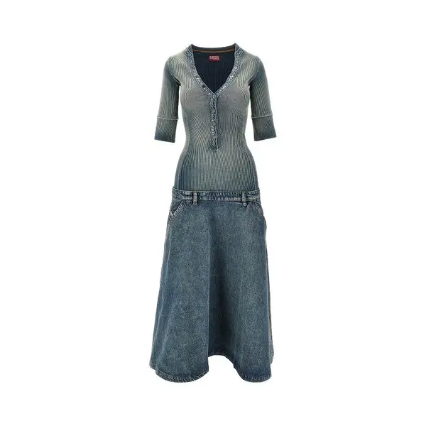 DIESEL® Ribbed Knit Denim Midi Dress With Faded Effect - Blue