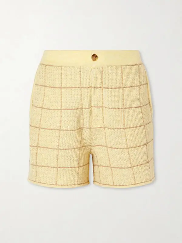 Guest In Residence Checked Knitted Cashmere And Linen-blend Shorts - Yellow