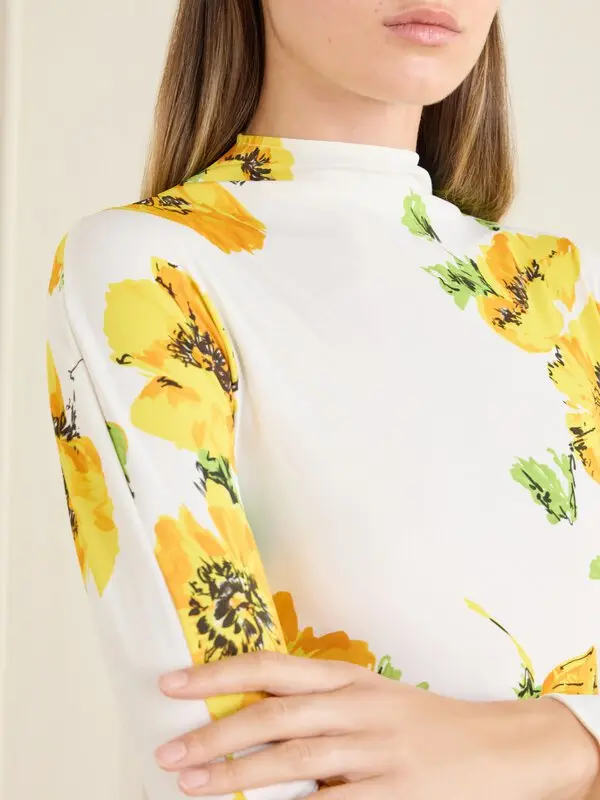 Alaïa Floral Print Jersey High Neck Bodysuit