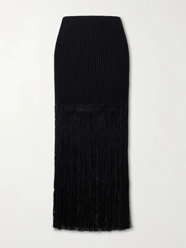 Alaïa Ribbed Fringed Jersey Midi Skirt - Black