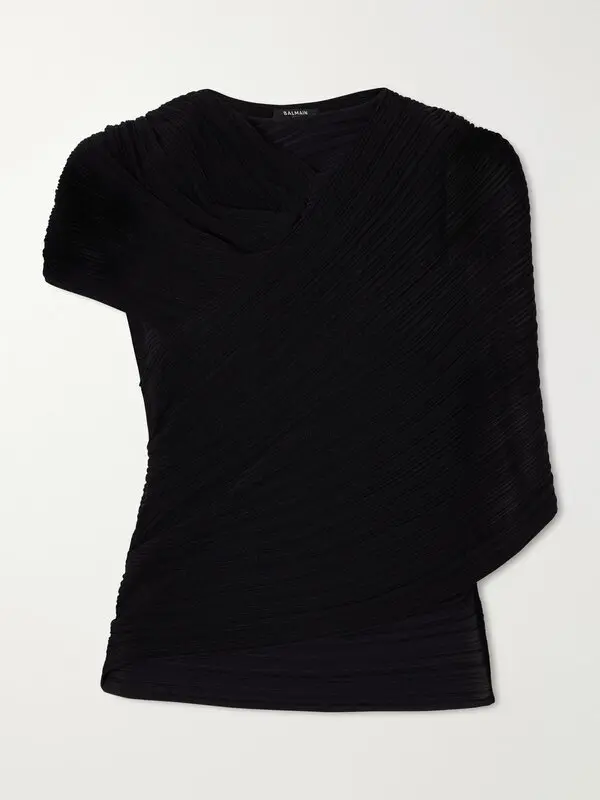 Balmain Draped Ribbed Jersey Blouse