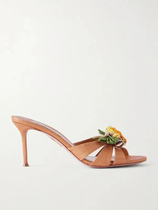 AQUAZZURA Raffia Embellished High Heel Mules