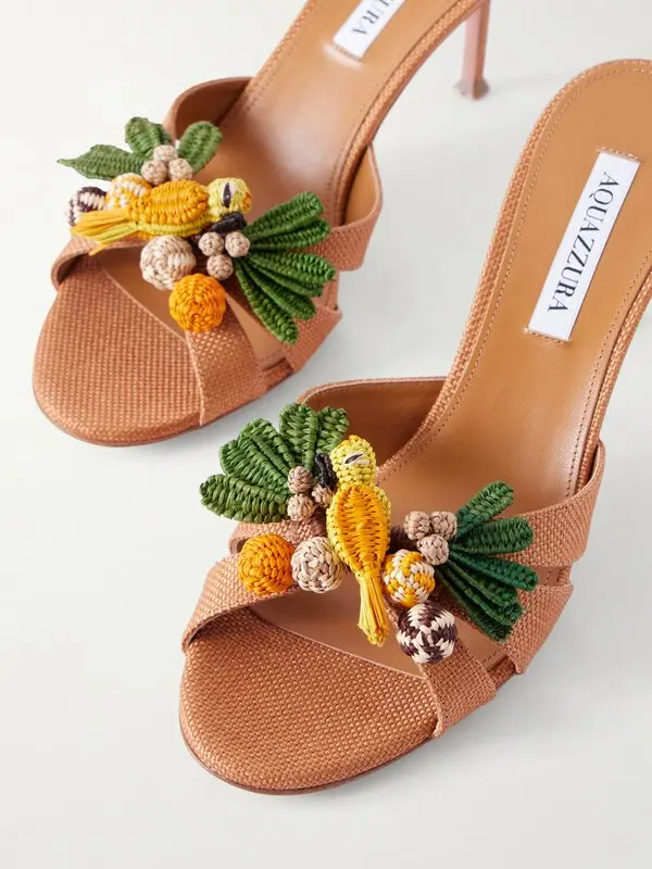 AQUAZZURA Raffia Embellished High Heel Mules