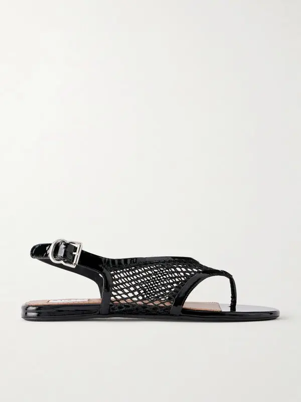 Alaïa Fishnet Patent Leather Flat Sandals - Black