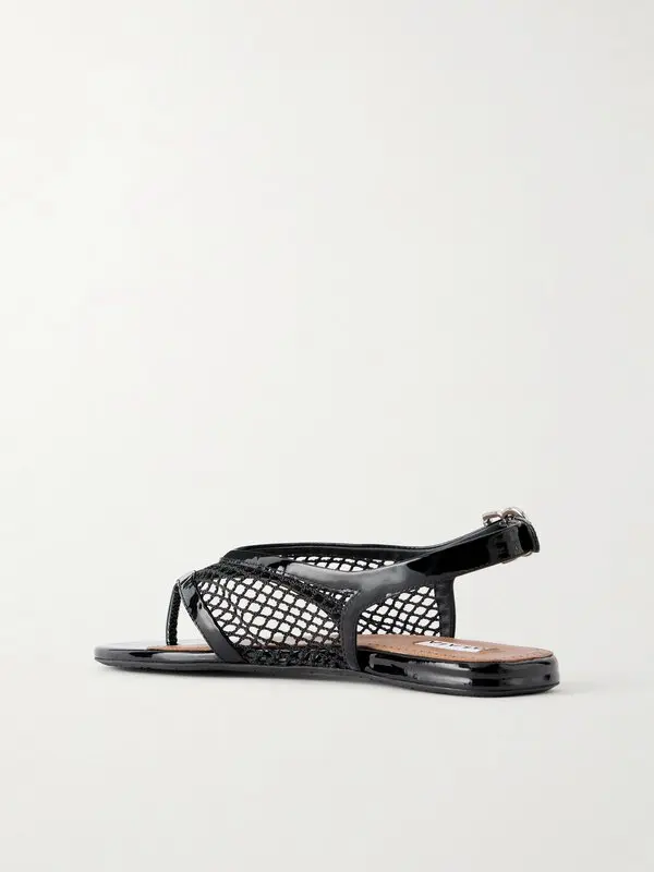 Alaïa Fishnet Patent Leather Flat Sandals - Black