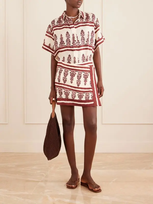 Johanna Ortiz Printed Linen Mini Wrap Skirt - Neutrals