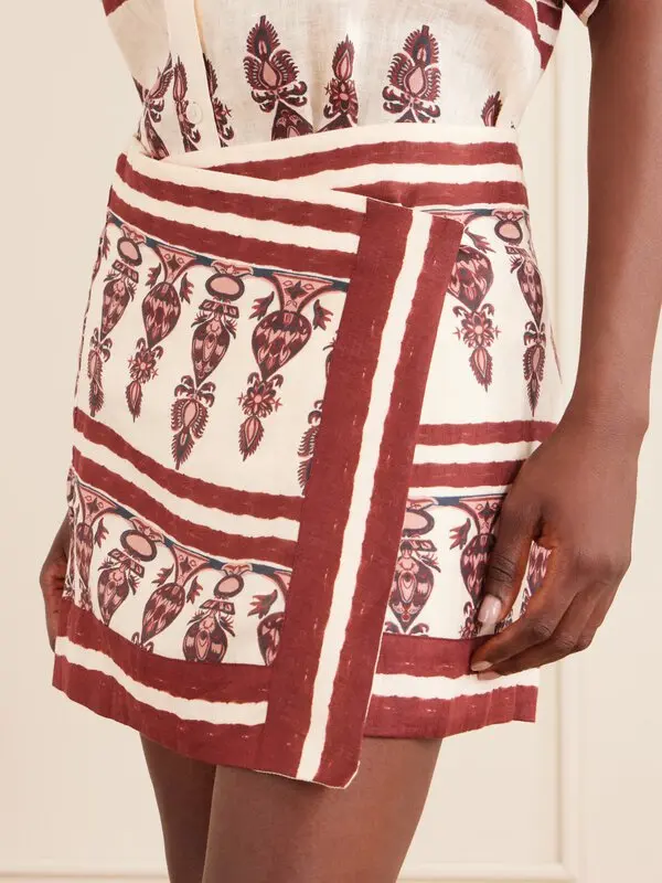Johanna Ortiz Printed Linen Mini Wrap Skirt - Neutrals