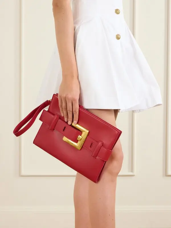 Balmain Anthem Buckled Leather Clutch - Red