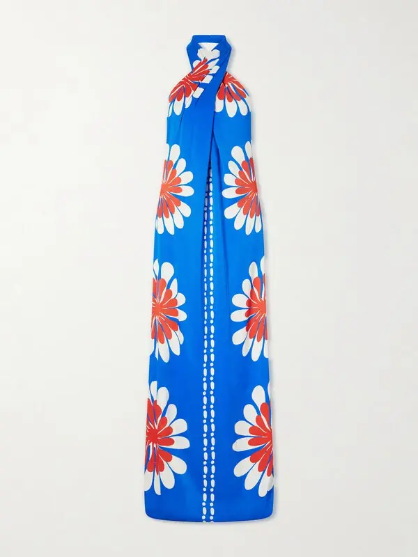 CALA DE LA CRUZ Oliviera Floral-print Satin Halterneck Maxi Dress - Blue