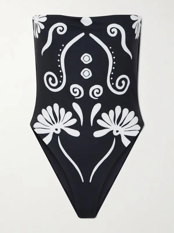 CALA DE LA CRUZ Lore Strapless Floral-print One Piece Swimsuit - Black
