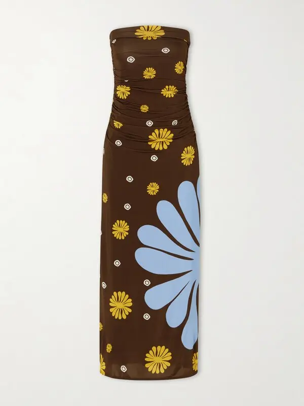 CALA DE LA CRUZ Daphne Ruched Printed Jersey Midi Dress - Brown
