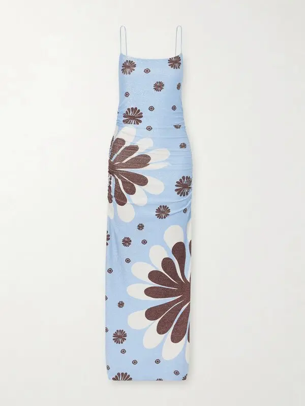 CALA DE LA CRUZ Kim Ruched Printed Metallic Jersey Maxi Dress - Blue