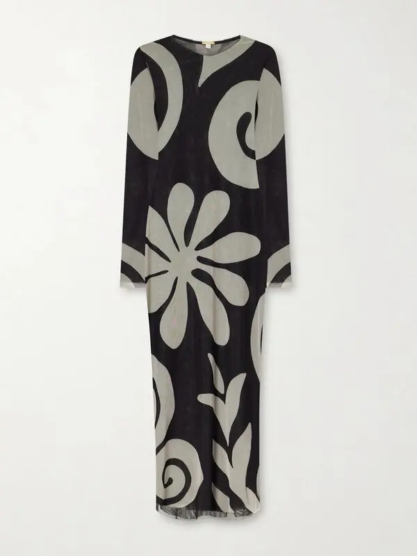 CALA DE LA CRUZ Tania Printed Mesh Midi Dress - Black