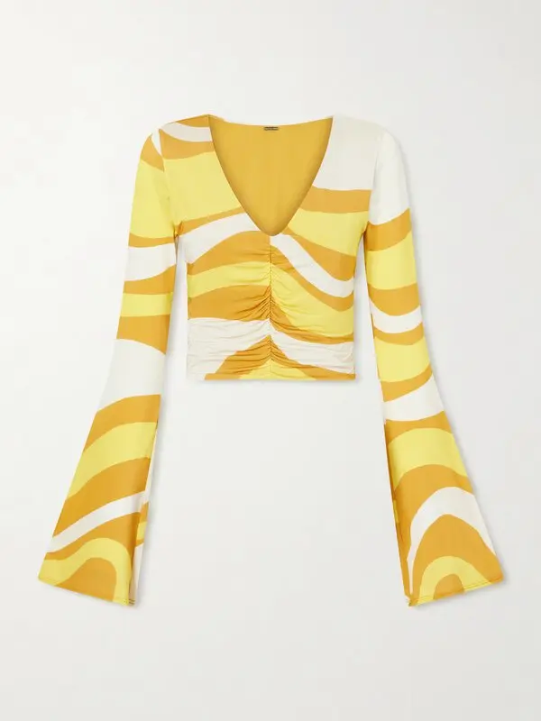 CALA DE LA CRUZ Aelin Ruched Printed Jersey Top