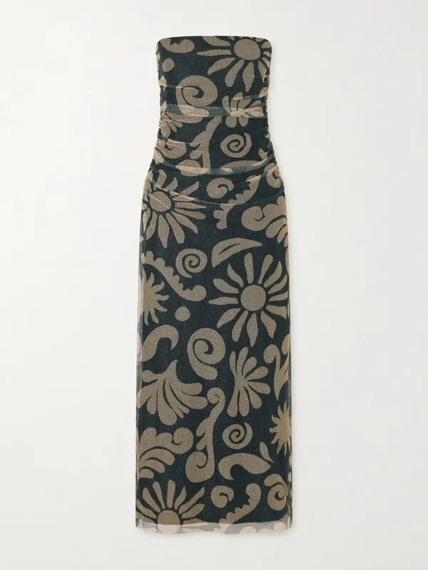 CALA DE LA CRUZ Daphne Ruched Printed Mesh Midi Dress - Black
