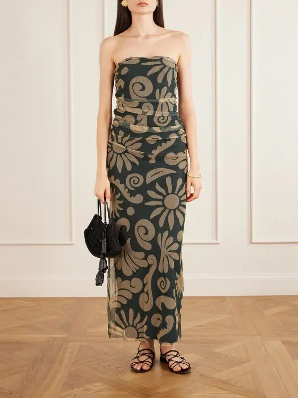 CALA DE LA CRUZ Daphne Ruched Printed Mesh Midi Dress - Black