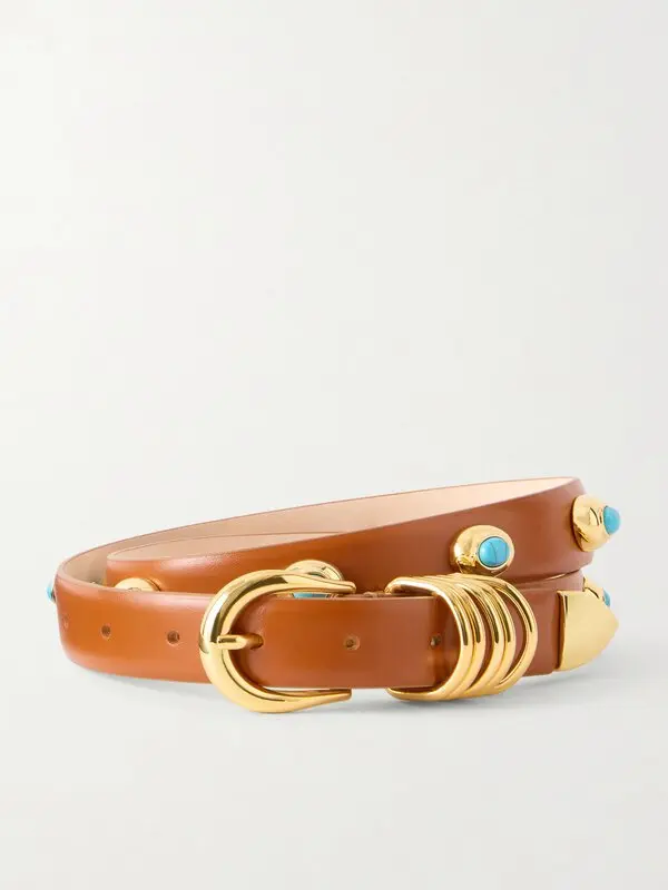 DEHANCHE Hollyhock Leather Belt With Turquoise Embellishments - Brown