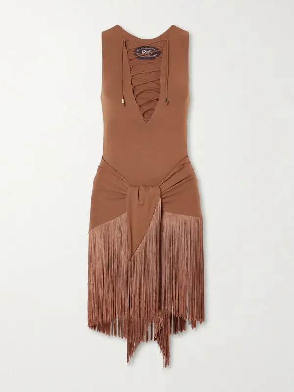 TALLER MARMO Sahara Tie-detailed Stretch-jersey One-piece With Fringed Pareo - Brown