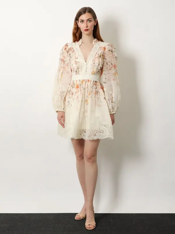 Zimmermann Luna Linen And Silk Dress With Lace Inserts