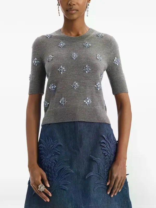 Oscar De La Renta Crystal Embroidered Pullover