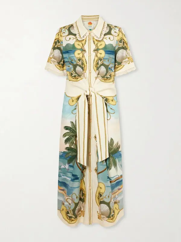 Farm Rio Royal Sea Tie-detailed Lace-trimmed Printed Linen-blend Midi Dress - Multi