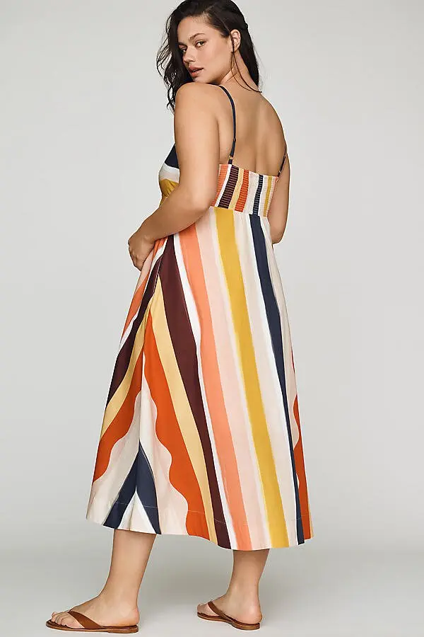 DE LORETA Cotton Abstract Stripe Midi Dress