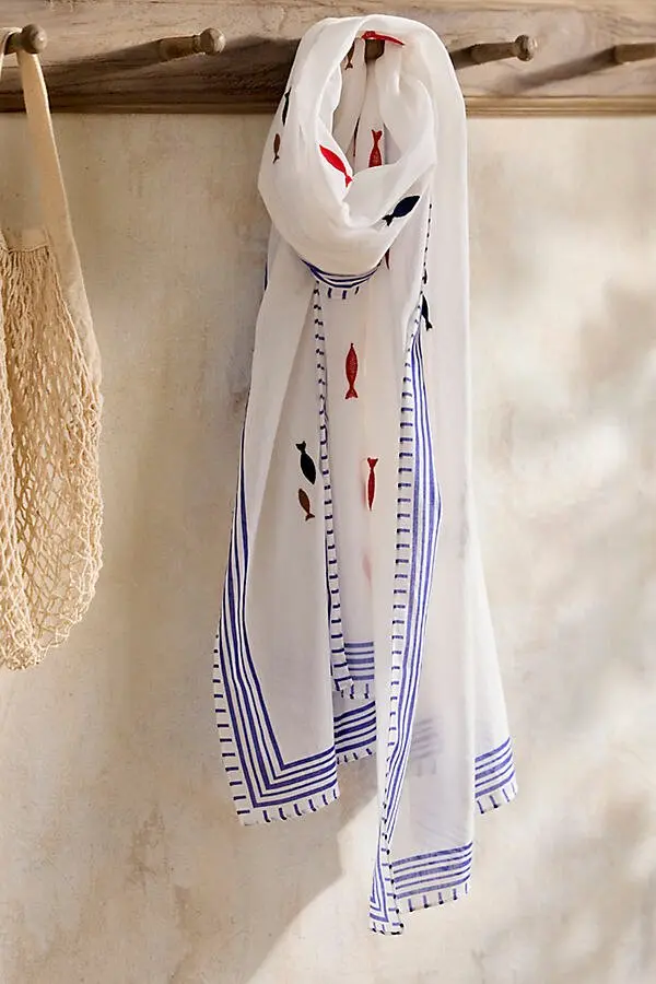 ELIZABETH GILLETT Embroidered Fish Square Cotton Scarf - Blue