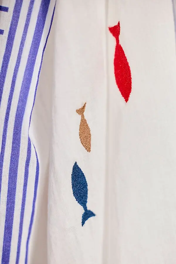 ELIZABETH GILLETT Embroidered Fish Square Cotton Scarf