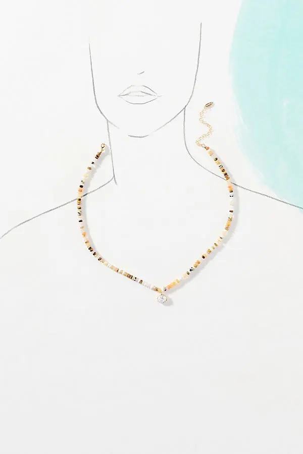 Anthropologie Beaded Shell Pendant Necklace - Neutral
