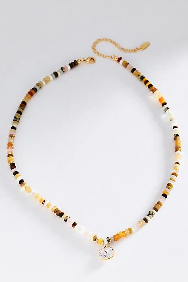 Anthropologie Beaded Shell Pendant Necklace - Neutral