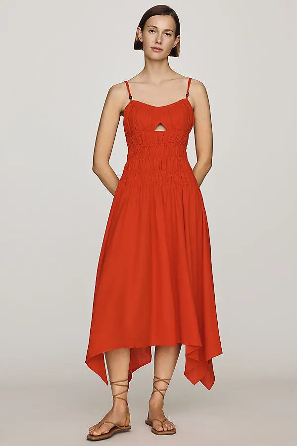 Avec Les Filles Shirred Midi Dress - Bright Red