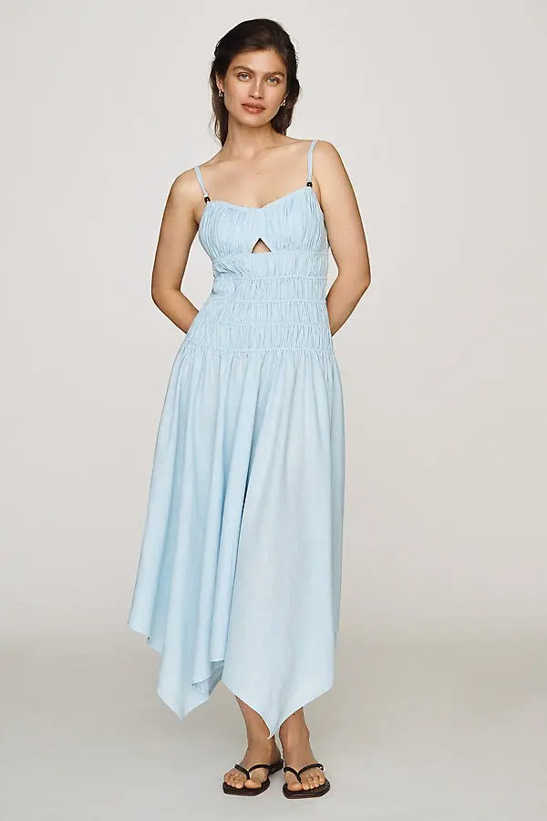 Avec Les Filles Shirred Midi Dress - Light Blue