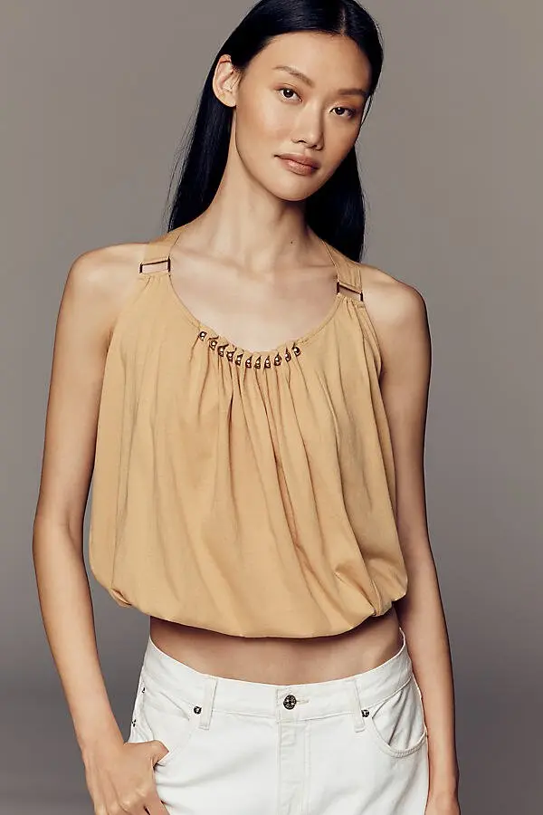 Anthropologie Embellished Bubble Top - Iced Coffee