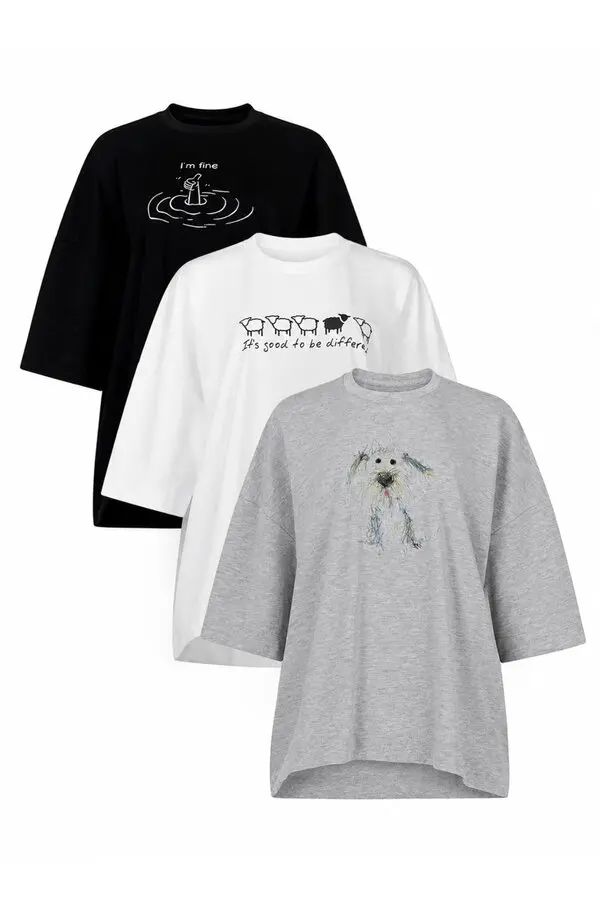CLOTHES BY LOCKER ROOM Black / White / Grey Set Of Three Oversized Graphic T-shirts - Black/white/grey
