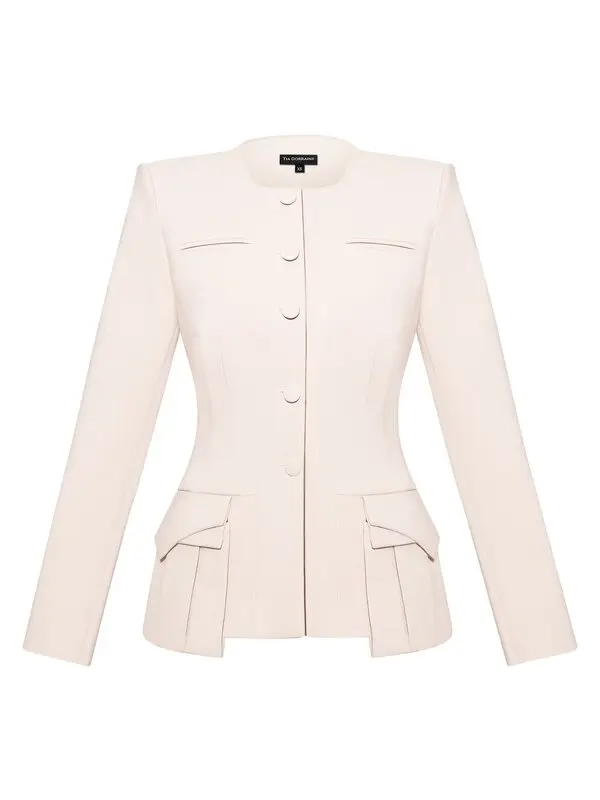 TIA DORRAINE Neutrals Button Up Collarless Blazer Jacket In Cotton - Beige