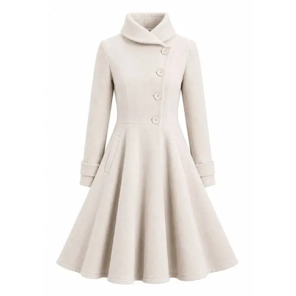 NIKKA PLACE Flared Wool Winter Coat With Buttons In Off Color - White