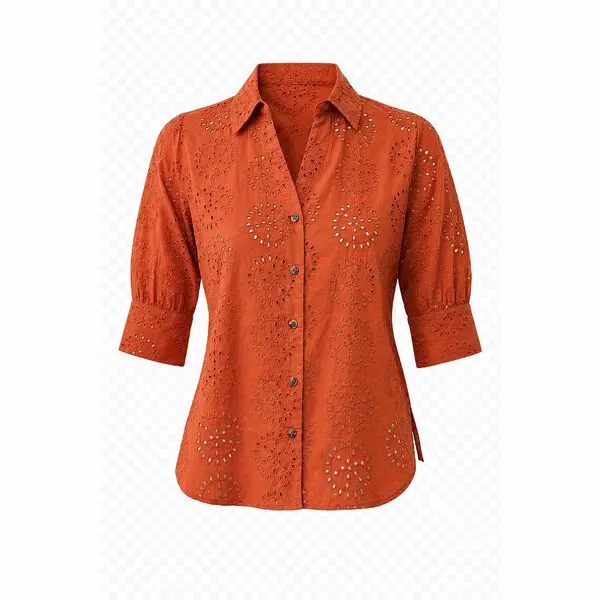 CARLOSLINES Embroidered Cotton V-neck Short Sleeve Shirt Blouse - Orange