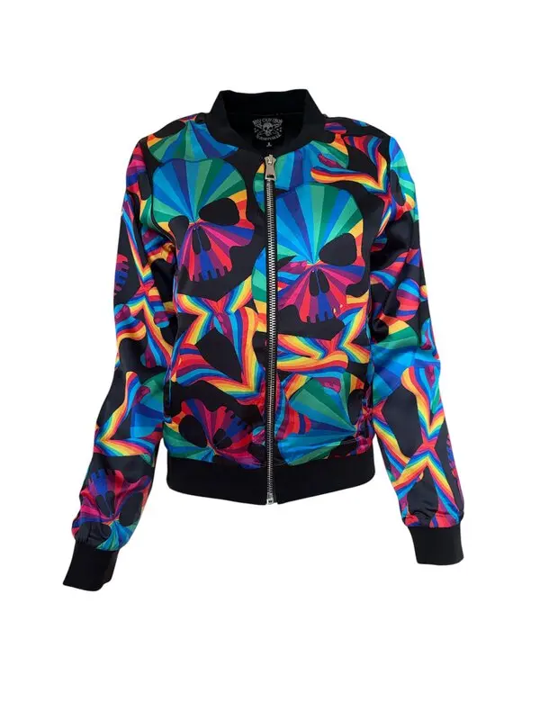 ANY OLD IRON Black / Blue Rainbow Skull Bomber Jacket - Black/blue