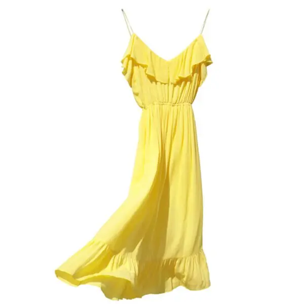 2KSTYLE Amalia Ruffle Spaghetti Straps Viscose Midi Dress - Yellow