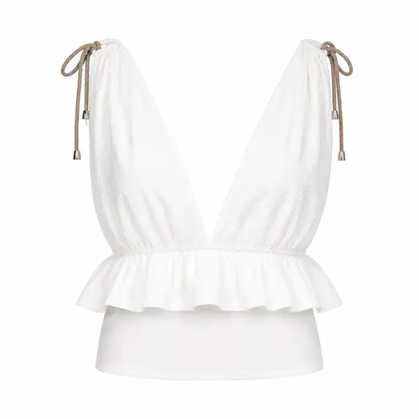 GUNDA HAFNER LTD Sleeveless Seersucker Top With Ruffle Detail - White