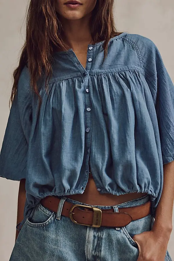 Free People We The Free Marysol Denim Top - Stone Indigo