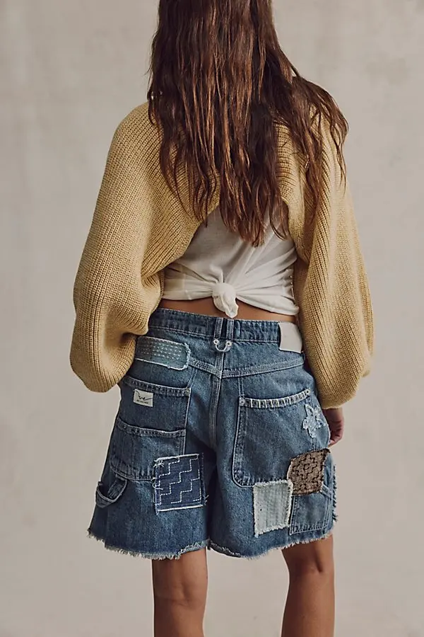 Free People Reese Patched Workwear Denim Shorts