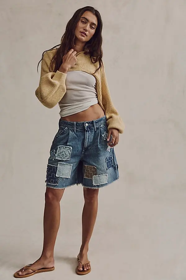 Free People Reese Patched Workwear Denim Shorts